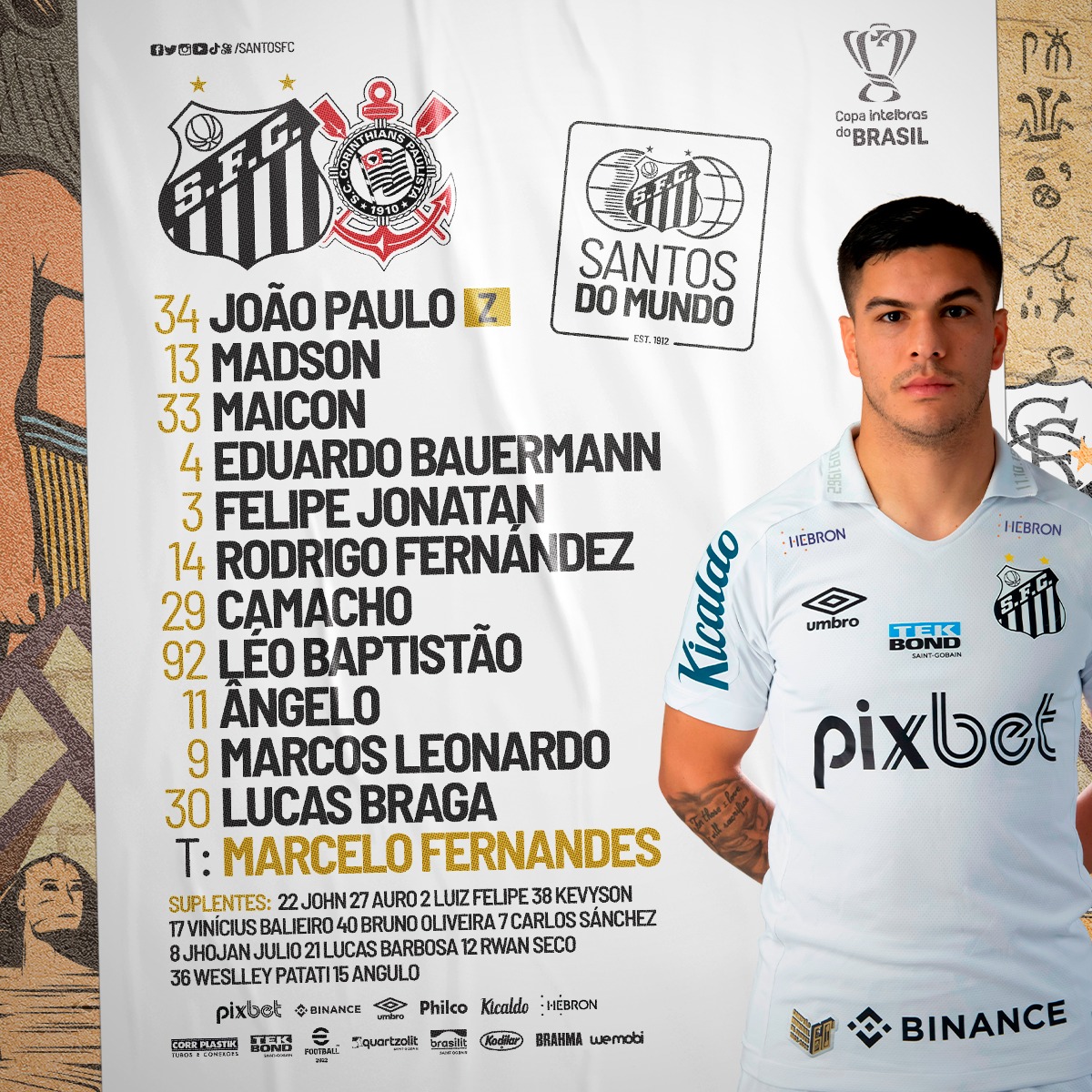 Santos escalado com Ângelo e Camacho para encarar o Corinthians